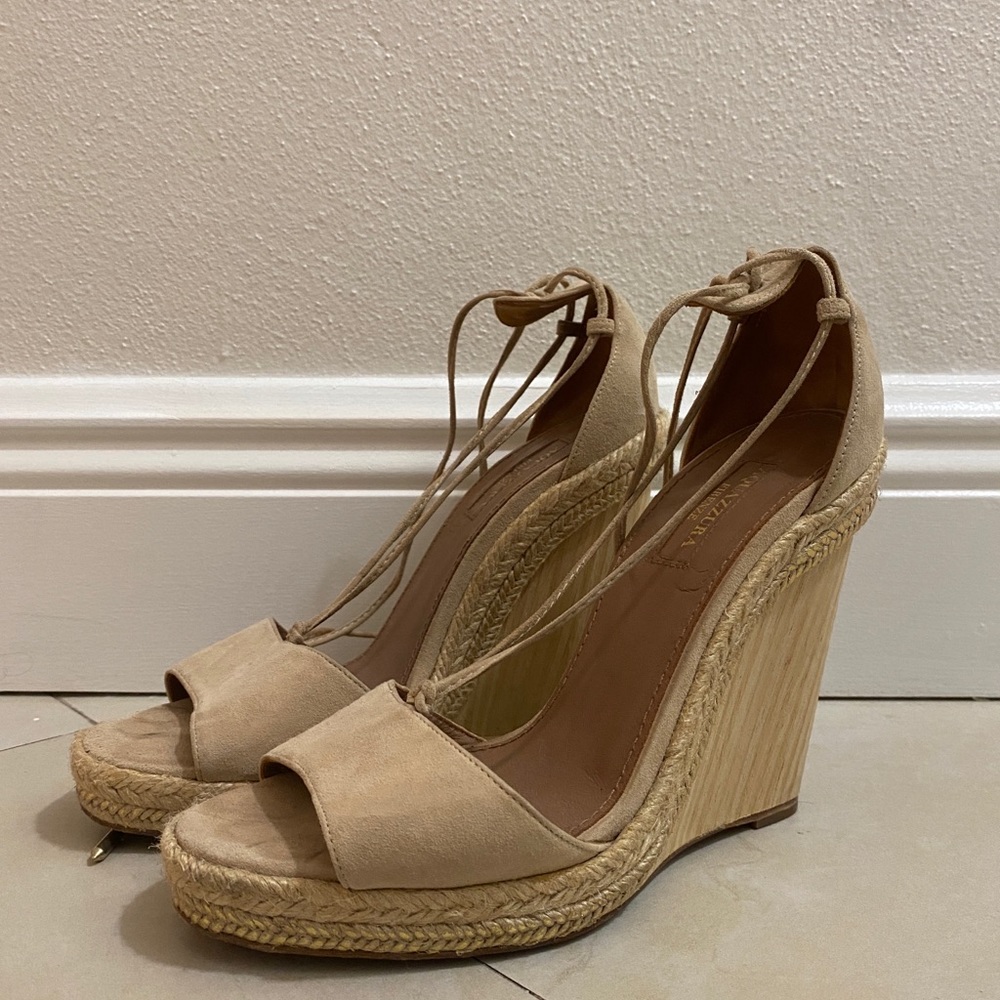 Aquazzura Nude Suede Wood Wedges - Gem